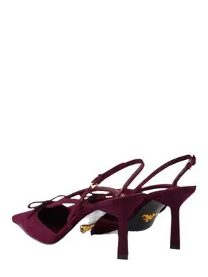 Prada Prada Suede Slingback Pumps With Bow Detailing And Metal Lettering Logo Purple