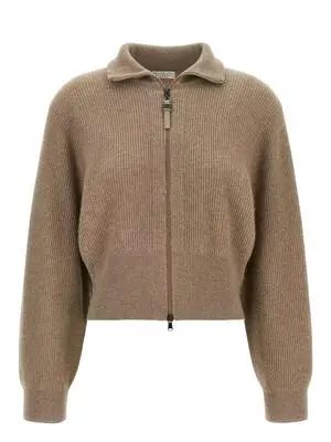 Brunello Cucinelli Ribbed Knit Lamé Cardigan - Brown