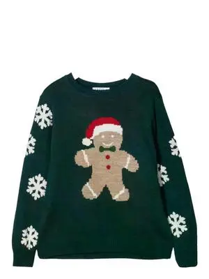 SIOLA Gingerbread Intarsia Snowflake Print Crew Neck Sweater - Green