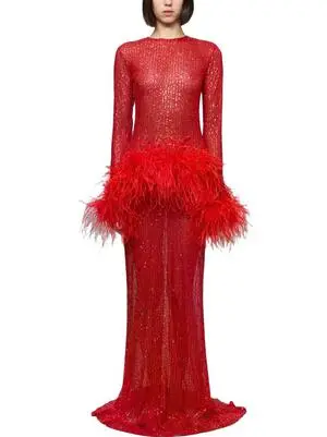 ATU BODY COUTURE Sequin-embellished Feather-trim Maxi Dress - Red