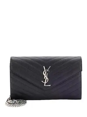 Saint Laurent Classic Monogram Wallet On Chain Matelasse Chevron Leather Medium Crossbody Bag - Black