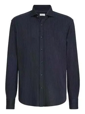 Brunello Cucinelli Virgin Wool, Silk And Cotton Chalk Stripe Piqué Shirt With Spead Collar - Blue