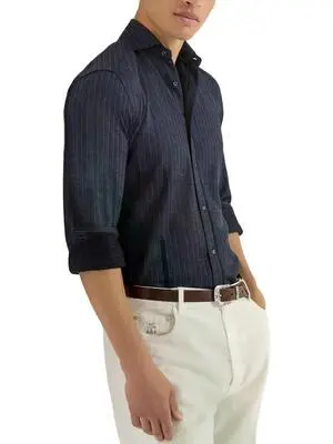 Brunello Cucinelli Virgin Wool, Silk And Cotton Chalk Stripe Piqué Shirt With Spead Collar - Blue