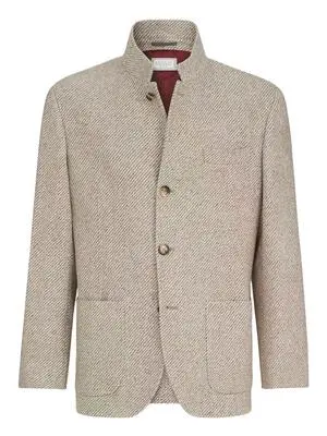 Brunello Cucinelli Cashmere And Silk Diagonal Outerwear Blazer With Patch Pockets Neutrals