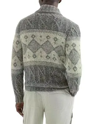 Brunello Cucinelli Virgin Wool, Silk, And Cashmere Chiné Cable Knit Cardigan With Intarsia - Grey