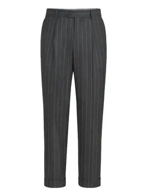 Brunello Cucinelli Super 150s Virgin Wool Wide Chalk Stripe Batavia Trousers - Grey