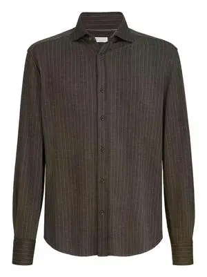Brunello Cucinelli Virgin Wool, Silk And Cotton Chalk Stripe Piqué Shirt - Brown