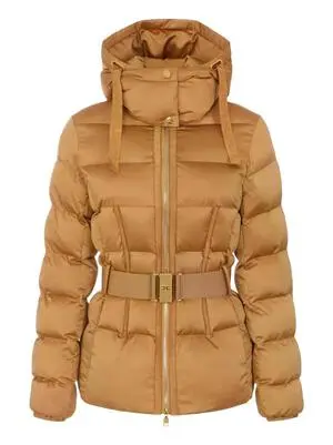 Elisabetta Franchi Down Jacket In Voile Fabric With Jewel Buckle Belt - Neutrals