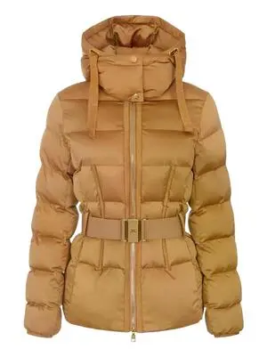 Elisabetta Franchi Down Jacket In Voile Fabric With Jewel Buckle Belt - Neutrals