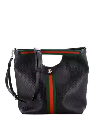 GUCCI Gucci Black Leather Shopper Tote Bag With Green And Red Web Detail