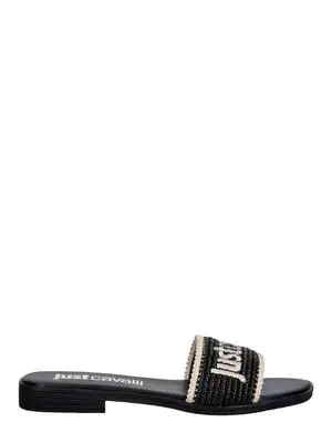 Just Cavalli Logo-embroidered Raffia-effect Flat Sandals - Black