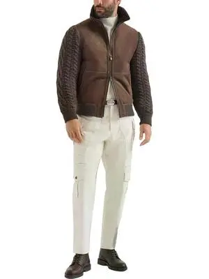 Brunello Cucinelli Suede Shearling And Cashmere Knit Bomber Jacket With Thermore® Padding - Brown