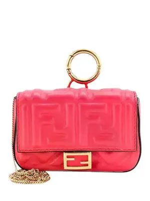 Fendi Chain Baguette Charm Bag Zucca Embossed Leather Nano Crossbody Bag - Pink