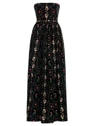 Agua Bendita Floral Embroidery Maxi Dress - Black