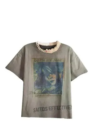 SAITOS See Jane Graphic-print Distressed-neck T-shirt - Grey