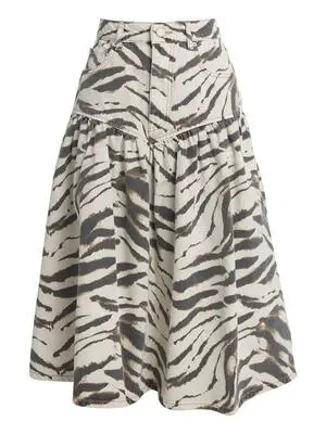 GANNI Zebra Print Denim Midi Skirt - Ivory