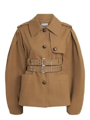 GANNI Cotton Belted Workwear Jacket - Brown