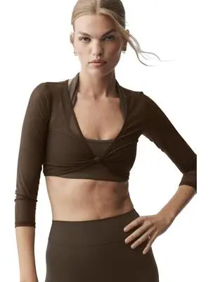 Alo Yoga ALO Mesh Knot Detail 3/4 Sleeve Cropped Top Espresso
