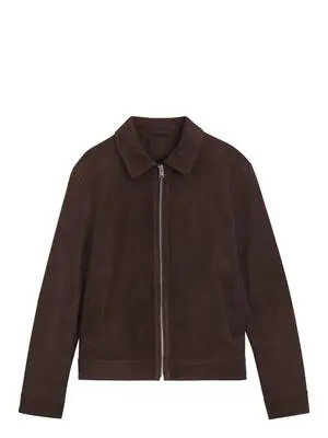 BOSS Suede Leather Zip-up Jacket With Pointed Collar - Dark Brown