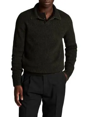 Vince Johnny Collar Thermal Cashmere Sweater - Night Leaf/black