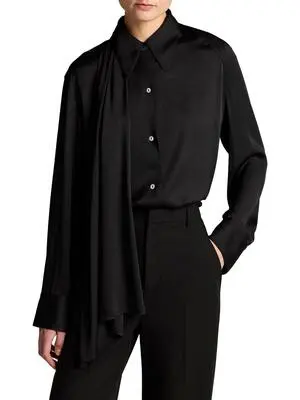 Vince Vince Silk-Blend Draped Scarf-Tie Button-Front Shirt Black