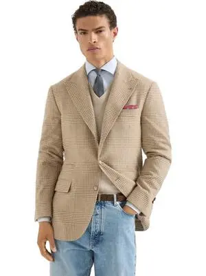 Brunello Cucinelli Comfort Wool And Cashmere Prince Of Wales Flannel Deconstructed Blazer With Large Peak Lapels - Camel