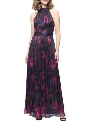 SL FASHIONS Halter Neck Printed Maxi Gown - Pink Multi