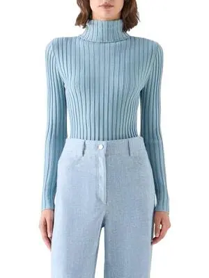 Akris Merino Wool Reverse Rib Knit Turtleneck Sweater - Light Blue