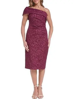 Eliza J Metallic Floral Jacquard One-shoulder Cocktail Sheath Dress - Wine