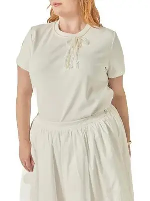 ENGLISH FACTORY English Factory Pearly Bead Lace Bow Knit Top