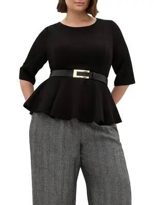 City Chic Paige Belted Peplum Top - Black