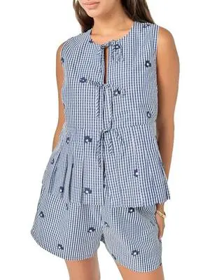 English Factory Gingham Embroidered Peplum Top With Bow Detail - Navy