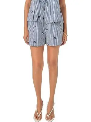 English Factory Embroidered Gingham Shorts - Navy