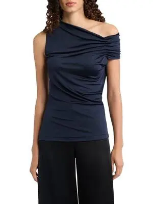 BOSS Asymmetrical Ruched Off-the-shoulder Jersey Top - Sky Captain
