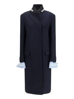Prada Double Wool Coat With Embellished Collar - Blue