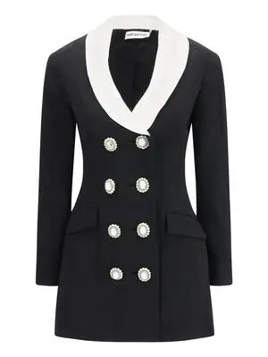 SELF-PORTRAIT Long Double-breasted Blazer With Contrast Neckline - Black