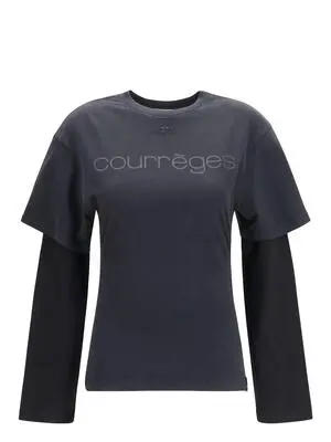 COURREGES Logo Print Double Leeve T-hirt - Black