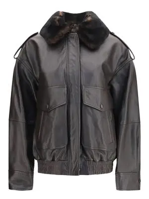 Loulou De Saison Russo Leather Bomber With Shearling Collar - Brown