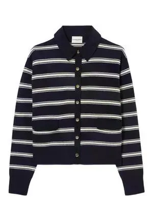 Claudie Pierlot Striped Cardigan With Shirt Collar And Velvet Details - Blue