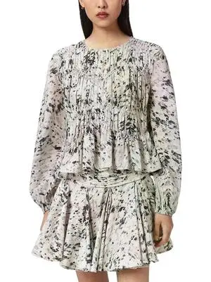 ALLSAINTS Ecru Abstract Print Shirred Bodice Peplum Blouse - Neutrals