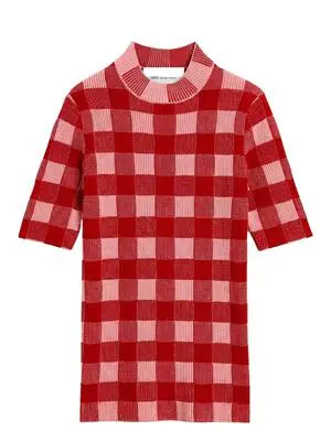 AMI Paris Checked Short Sleeve Knit Top - Soft Pink/ruby Red