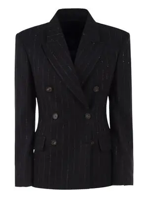 Brunello Cucinelli Double-breasted Pinstripe Blazer With Sequins - Black