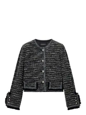 Emporio Armani Cropped Lurex Tweed Blazer In Virgin Wool With Fringed Cuffs - Black