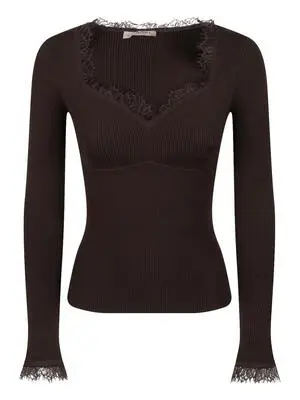 TWINSET Ribbed Knit Lace Trim Top - Black