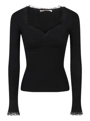TWINSET Ribbed Lace Trim Knit Top - Black
