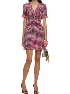 SELF-PORTRAIT Red Check Frayed Knit Mini Dress