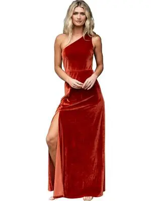 XH TEXTILES Tatiana Velvet One Shoulder Maxi Dress - Rust