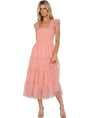 LISTICLE Emma Smocked Tulle Midi Dress - Coral