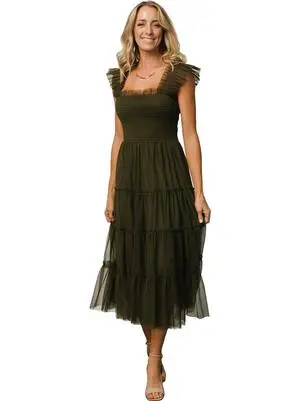 LISTICLE Emma Smocked Tulle Midi Dress - Dark Olive
