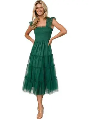 LISTICLE Emma Smocked Tulle Midi Dress - Emerald